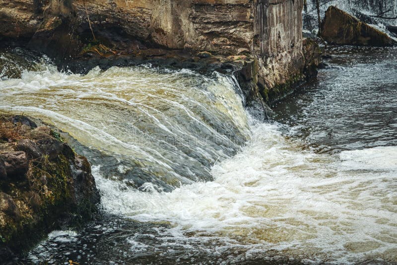 Waterfall Stream with Foam Under the Bridge in Belmontas Park in ...