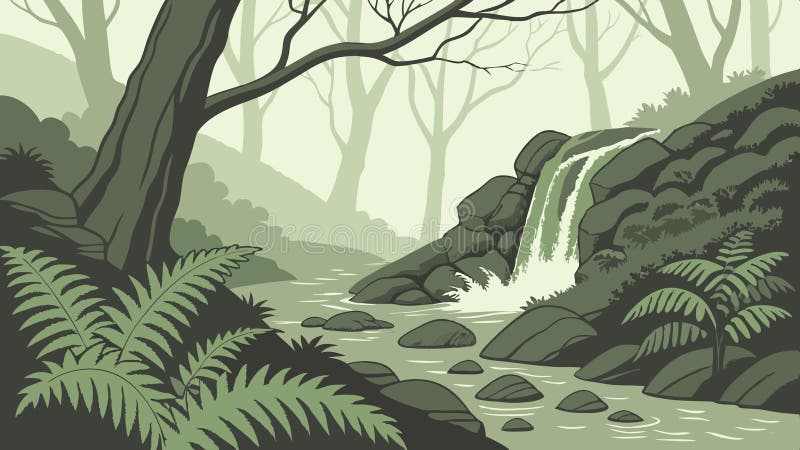 Waterfall in a Stream, Gentle Water Flow and Nature Scene Vector Design ...