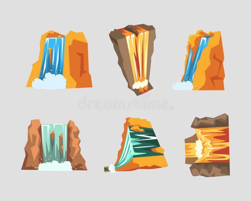 Waterfall Streams Flowing from Mountains Cartoon Vector Illustration ...