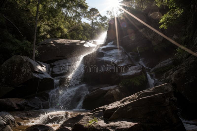 Waterfall, with the Sun Shining through the Cascading Water and Onto ...