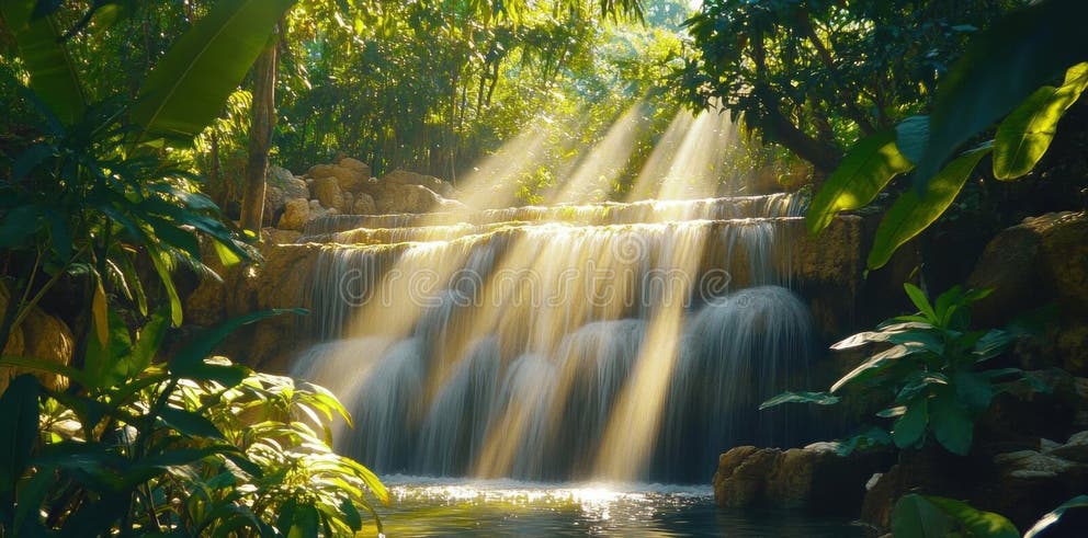 Waterfall and Sunlight Stream Down Rocks, Creating a Serene Scene in ...