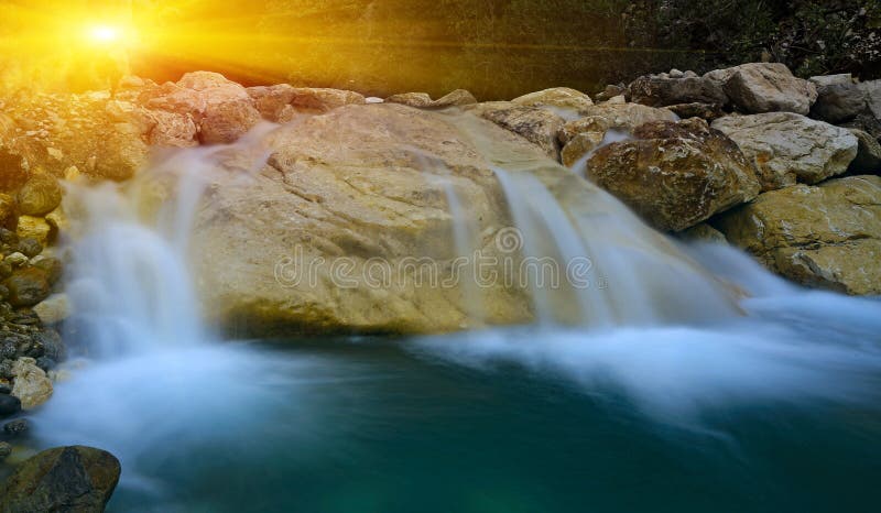 Waterfall on Sunset Background Stock Image - Image of beautiful ...