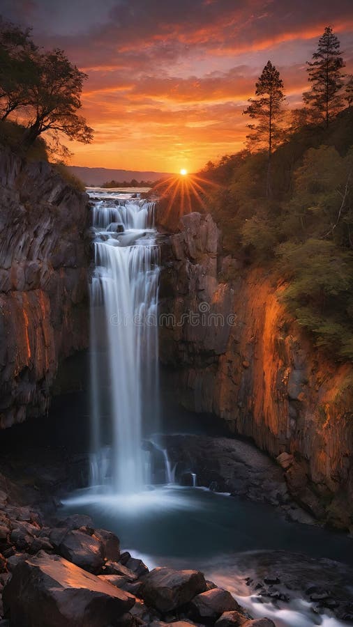 Waterfall at Sunset in the Mountains. Beautiful Natural Landscape with ...