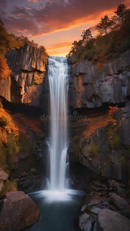 Waterfall at Sunset in the Mountains. Beautiful Natural Landscape with ...