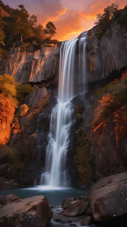 Waterfall at Sunset in the Mountains. Beautiful Natural Landscape with ...