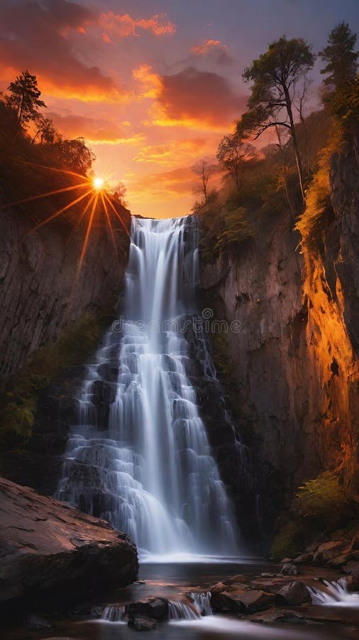Waterfall at Sunset in the Mountains. Beautiful Natural Landscape with ...