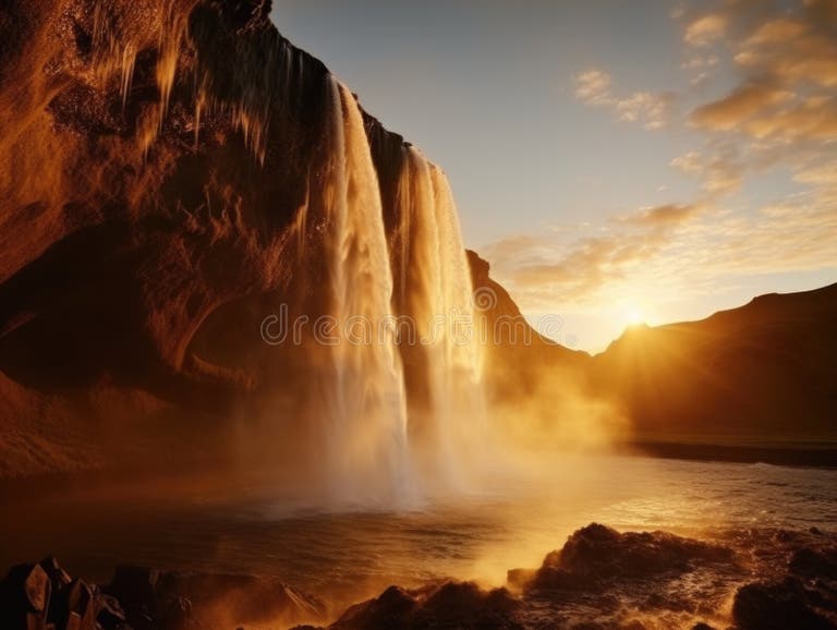 Waterfall Sunset Scenery with Reflections Stock Photo - Image of ...