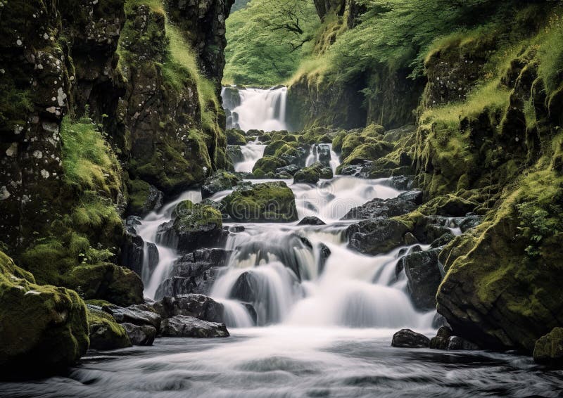 Waterfall Surrounded by Lush Green Rocks and Grass-covered Walls, AI ...