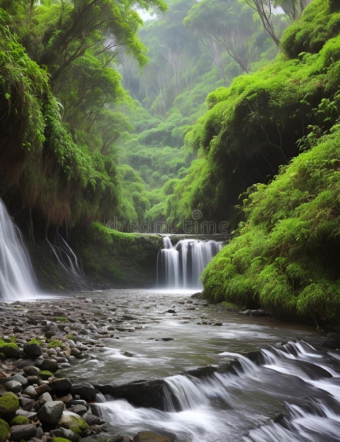A Waterfall Surrounded by Lush Vegetation Sits in a Rain Storm Stock ...