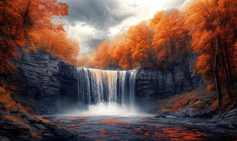 A Waterfall is Surrounded by Trees with Leaves that are Orange and ...