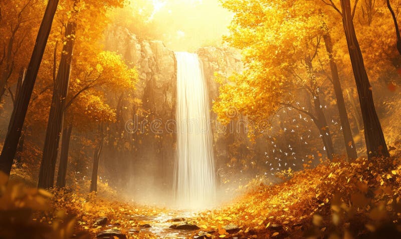 A Waterfall is Surrounded by Trees with Leaves that are Yellow and ...