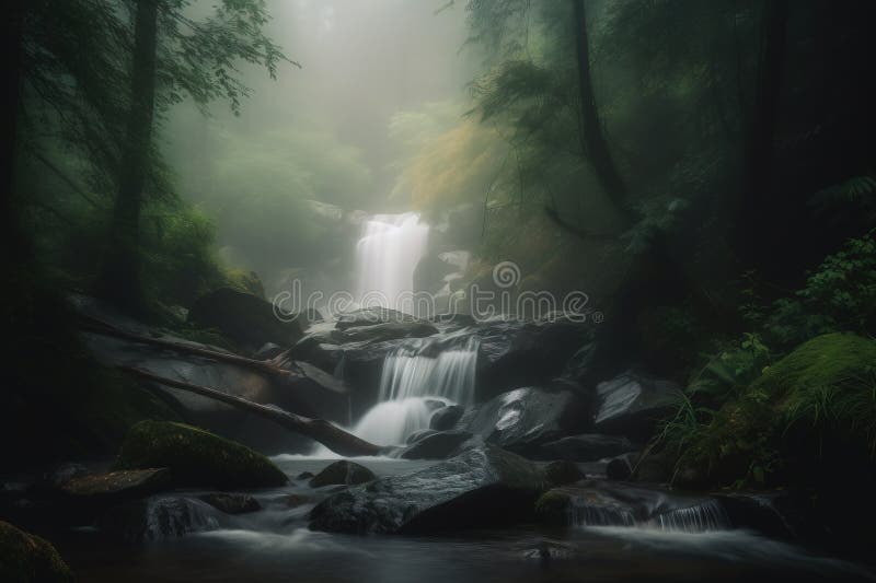 A Waterfall Surrounded by Trees and Rocks in a Foggy Forest Stock ...