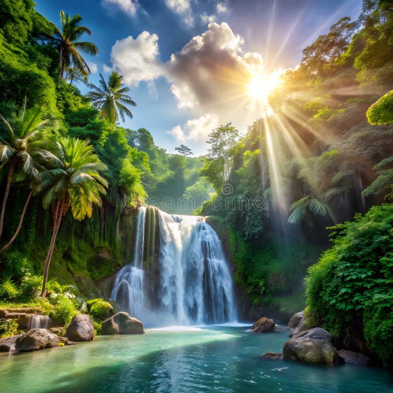 Waterfall in Tropical Forest at Sunny Day Stock Illustration ...