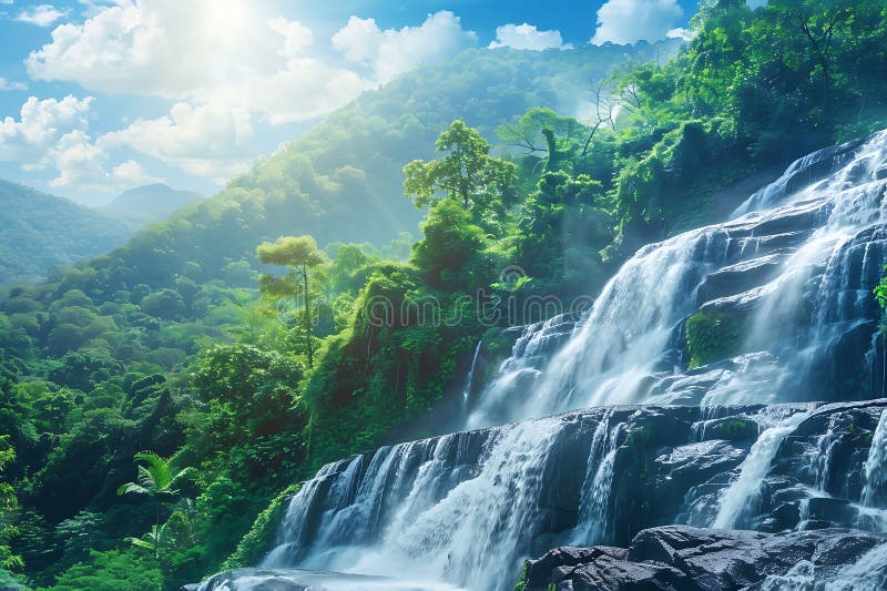 Waterfall in Tropical Green Tree Forest. Beautiful Waterfall at the ...
