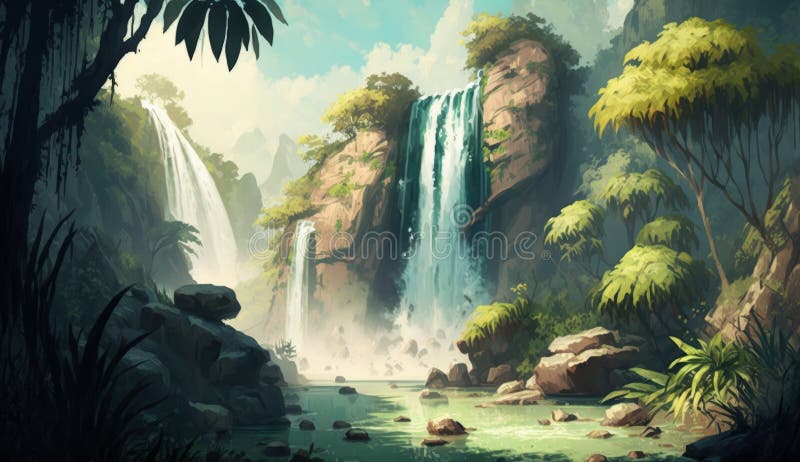 Waterfall in a Tropical Jungle. Generative AI Stock Illustration ...