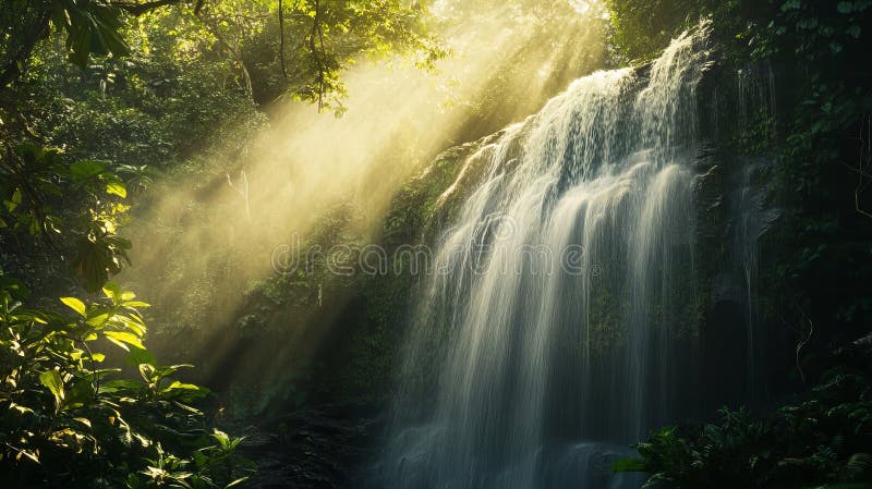 Waterfall in a Tropical Rain Forest, Dramatic Lighting, Sunny, Golden ...