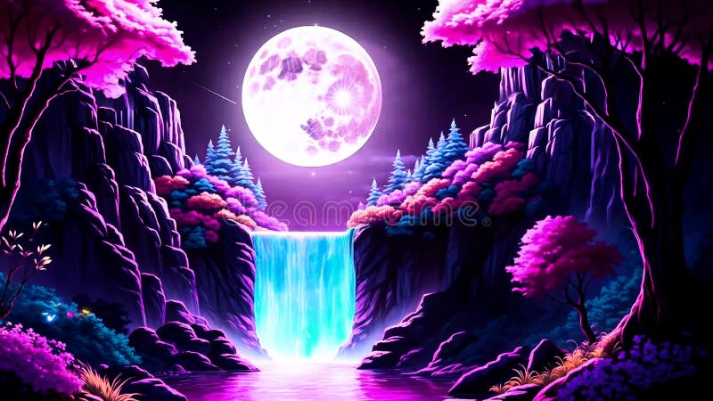 Waterfall Under the Light of the Full Moon Stock Video - Video of ...