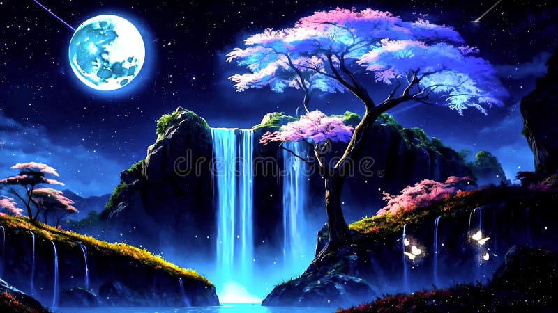 Waterfall Under the Light of the Full Moon Stock Video - Video of full ...