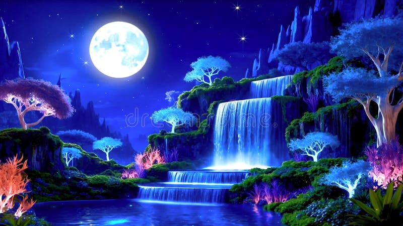 Waterfall under moonlight stock footage. Video of mountain - 332967978
