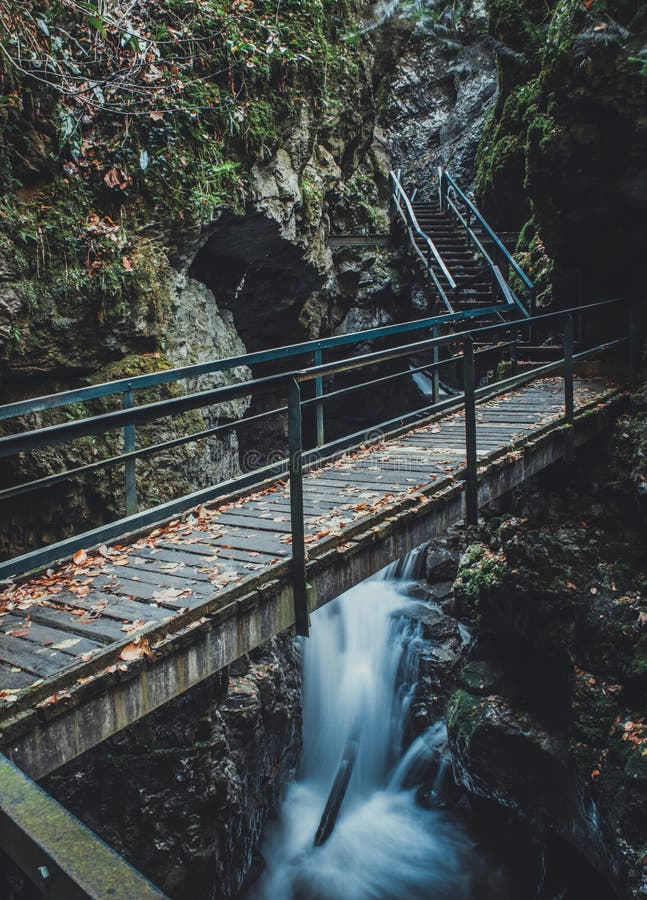 Waterfall under a bridge. stock photo. Image of forest - 2044484