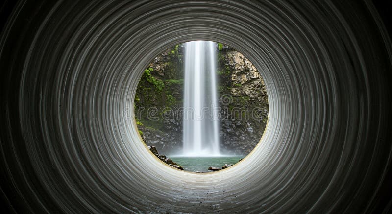 Waterfall Viewed through a Circular Metal Pipe Opening Stock ...