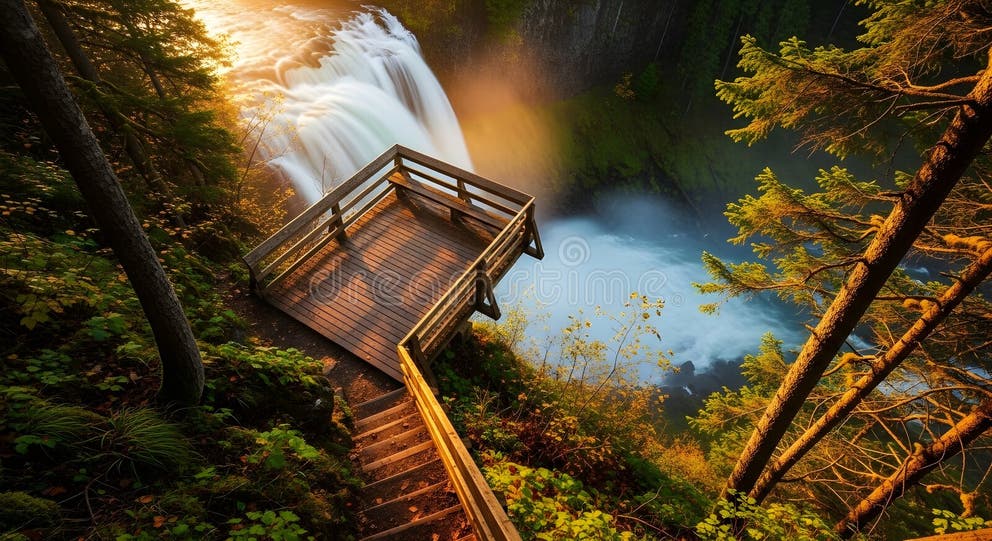 Waterfall Viewpoint Deck Golden Hour in Forest Trail Soft Matte Stock ...