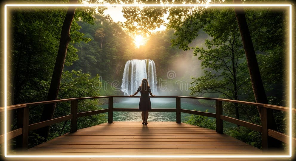Waterfall Viewpoint Deck Golden Hour in Forest Trail Soft Matte Stock ...