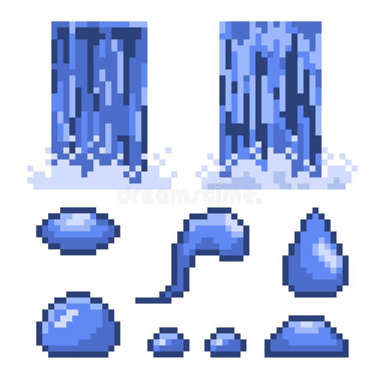 Waterfall, Water Drops, Splashes of Pixel Art. a Set of Liquid Elements ...