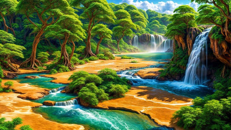 Majestic Waterfalls Tumble into Serene, Turquoise Pools. Stock ...
