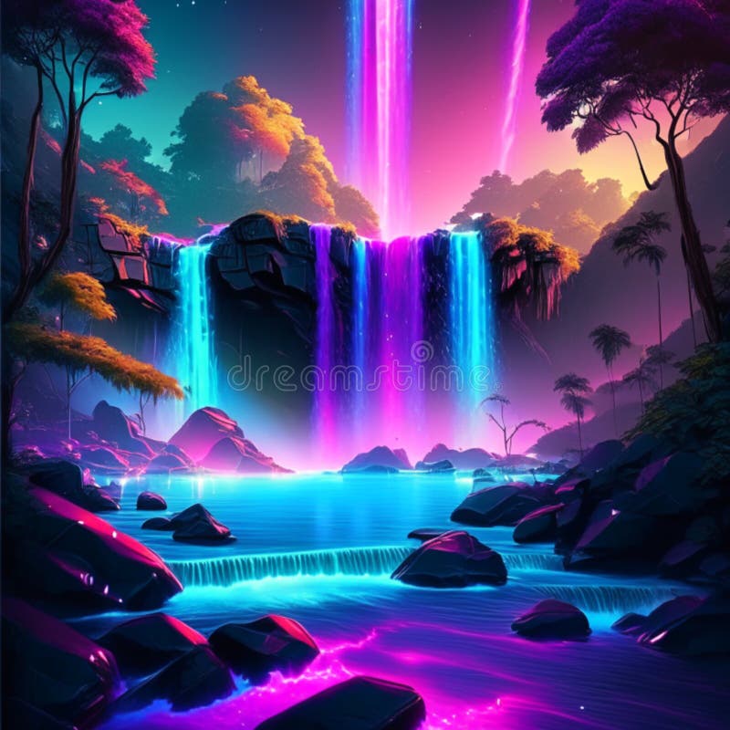 Waterfall and Waterfall with Neon Lights. 3d Render Illustration Stock ...
