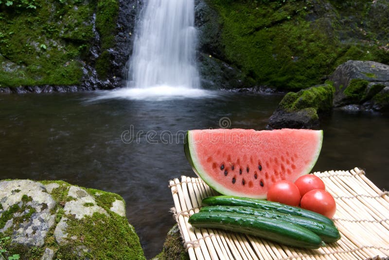 Waterfall and Watermelon and Vegetables Stock Image - Image of ...
