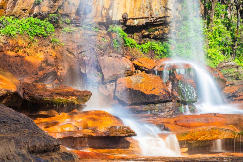 Waterfall White Streams Falling from Mountain Top at Yellow Rocks at ...