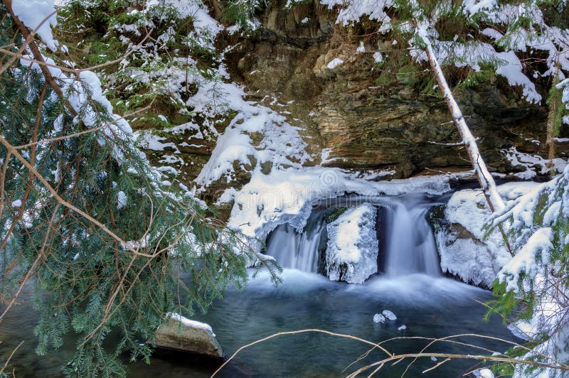 Waterfall in Winter. Mountain River and Snow on the Mountain Slopes ...