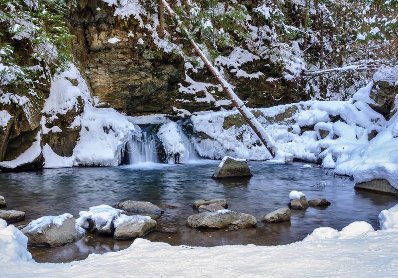 Waterfall in Winter. Mountain River and Snow on the Mountain Slopes ...