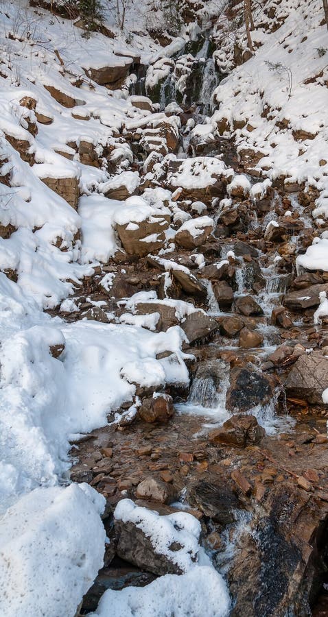 Waterfall in Winter. Mountain River and Snow on the Mountain Slopes ...