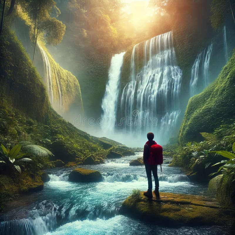 Waterfall Wonder a Person Marveling at a Stunning Waterfall Feel Stock ...