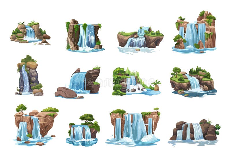 Waterfalls Cartoon Elements. Nature Waterfall Landscape with Stones and ...