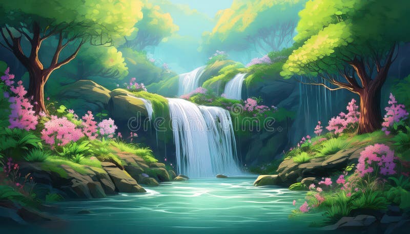 Waterfalls Cascade Down Rocky Slopes, Surrounded Stock Image - Image of ...