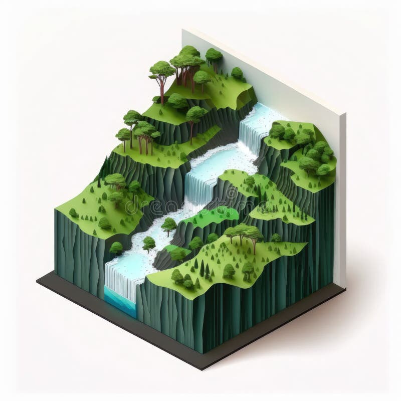 Waterfalls and Green Hills, Isometric Low Poly View AI Generation Stock ...