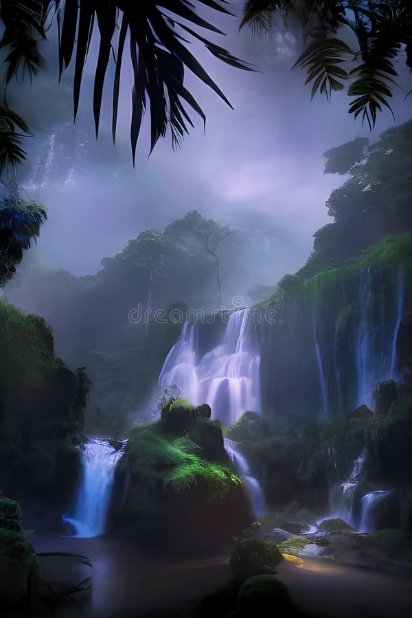 Waterfalls in Jungle. Digital Graphical Work, Mixed Media. Stock ...
