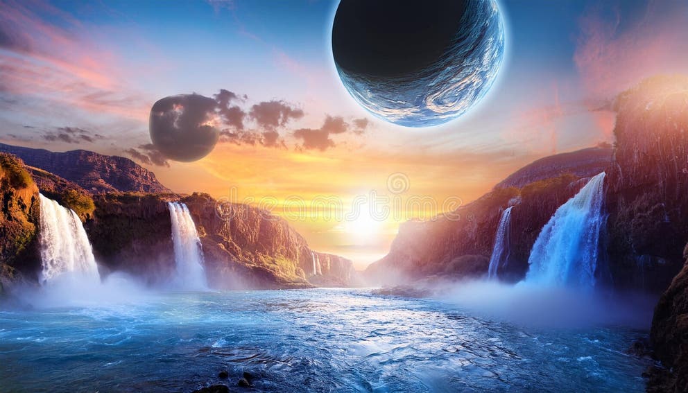 Waterfalls with Planets in the Background Stock Illustration ...