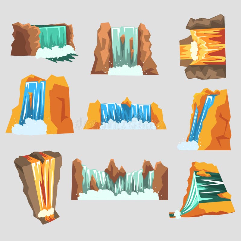 Waterfalls Set, Cascading Streams of Various Shape Cartoon Vector ... Waterfalls Set, Cascading Streams of Various Shape Cartoon Vector ...
