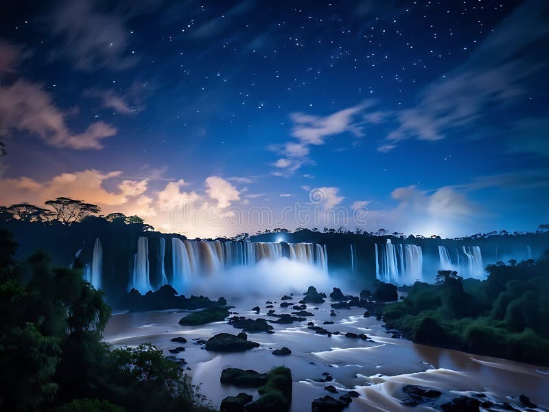 Waterfalls Under a Starry Night Sky Stock Illustration - Illustration ...