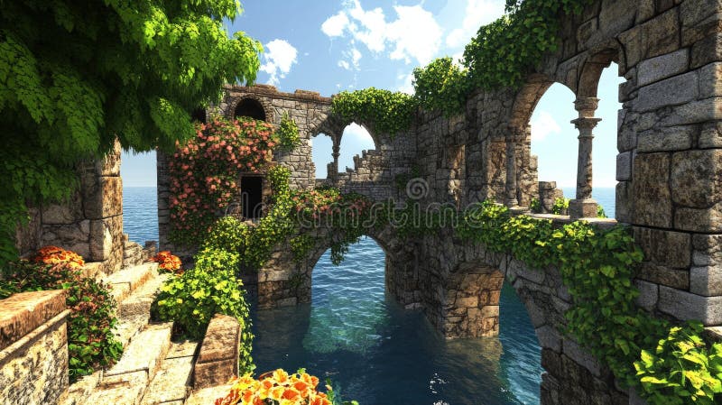 Waterfront Ancient Stone Ruins in Nature Stock Illustration ...