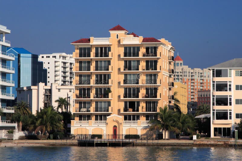 Waterfront Apartment Building Stock Image - Image of miami, tropical ...