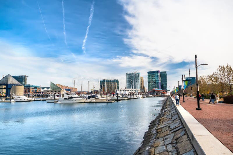 Waterfront with Brick Sidewalk at the Marina in Baltimore Inner Harbor ...
