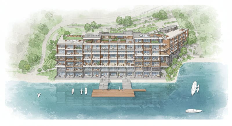 A Waterfront Building with a Modern Multi-story Design Features ...
