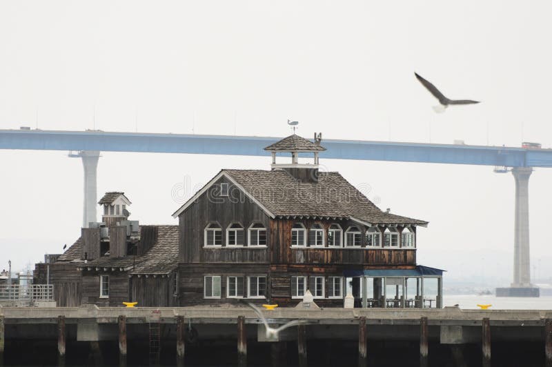 Waterfront Building Under Misty Sky Near Bridge with Flying Seagulls ...