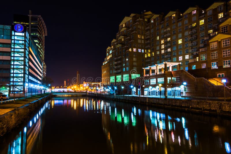 Waterfront Buildings at Night in the Inner Harbor, Baltimore, Ma Stock ...