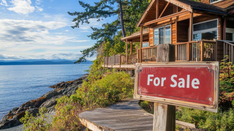 Waterfront Cabin with "for Sale" Sign and Ocean View Stock Illustration ...